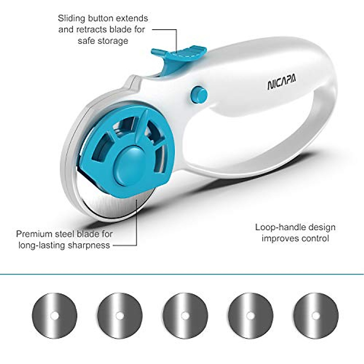 NICAPA 45mm Rotary Cutter for Fabric with Safety Lock Ergonomic Classic Comfort Loop Rotary Cutter for Crafting Sewing Quilting (Extra 5pcs 45mm Replacement Blades Included)