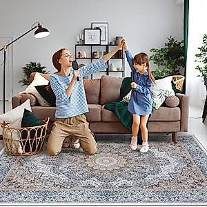 Rugs for Living Room 8x10 Area Rugs: Large Rug Machine Washable with Non-Slip Backing Non-Shedding Stain Resistant, Boho Carpet for Bedroom Dining Room Nursery Home Office Indoor Decor (Blue/Brown)