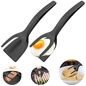 2 PCS BLACK FOOD SPATULAS Tong, Kitchen Egg Flipper Spatula Tongs, 2 in 1 Grip and Flip Spatula Flipper for Eggs and Pancakes, Fish, Omelet Black