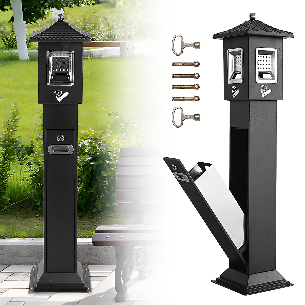 AIWFL 47" Height Outdoor Trash Receptacle, Commercial Trash Can, Standing Garbage Can Large Waste Trash Container Bin for Cafeterias Office Patio Backyard Pub Club Garage (Black)