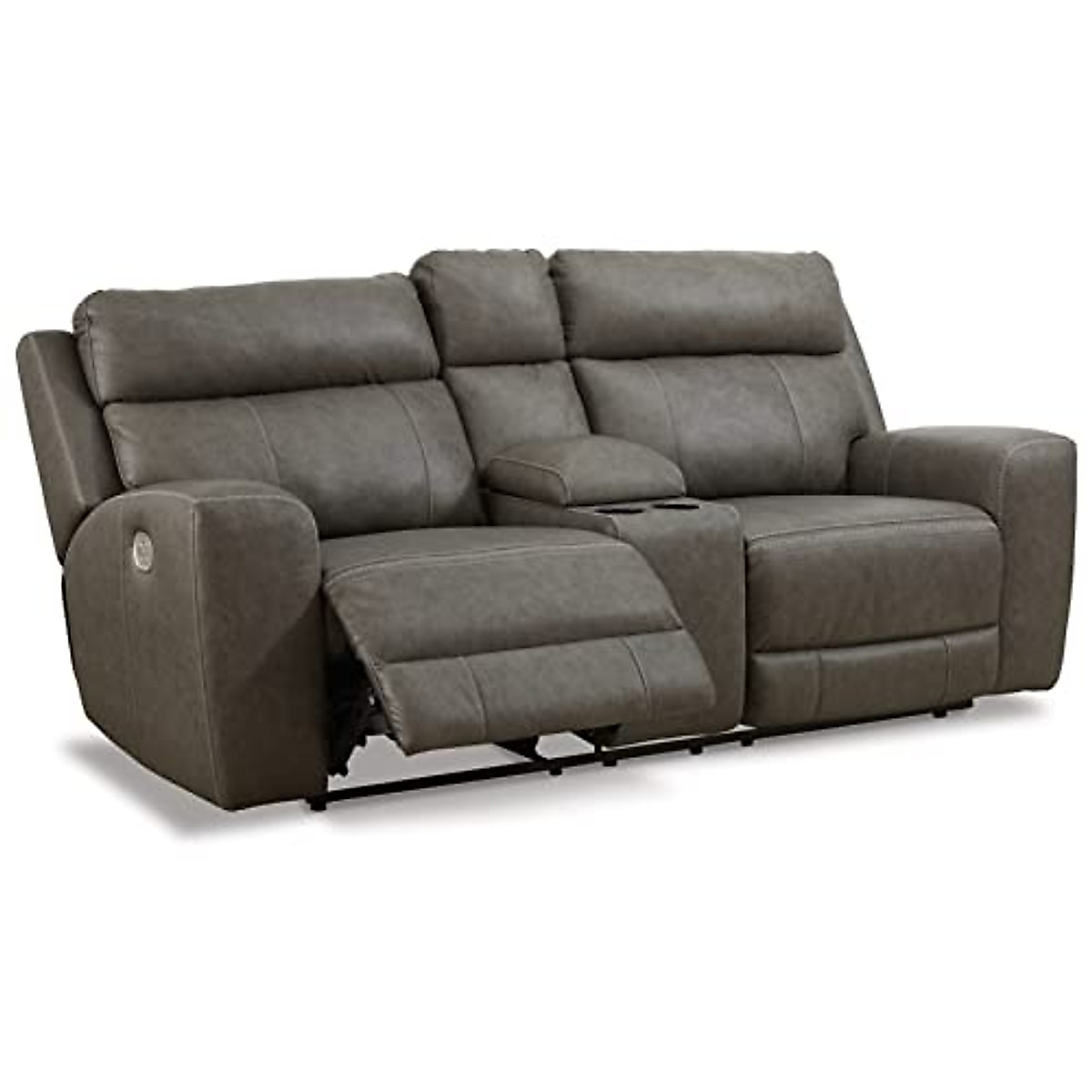 Signature Design by Ashley Roman Contemporary Tufted Leather Power Reclining Loveseat with Console and Adjustable Headrest, Gray