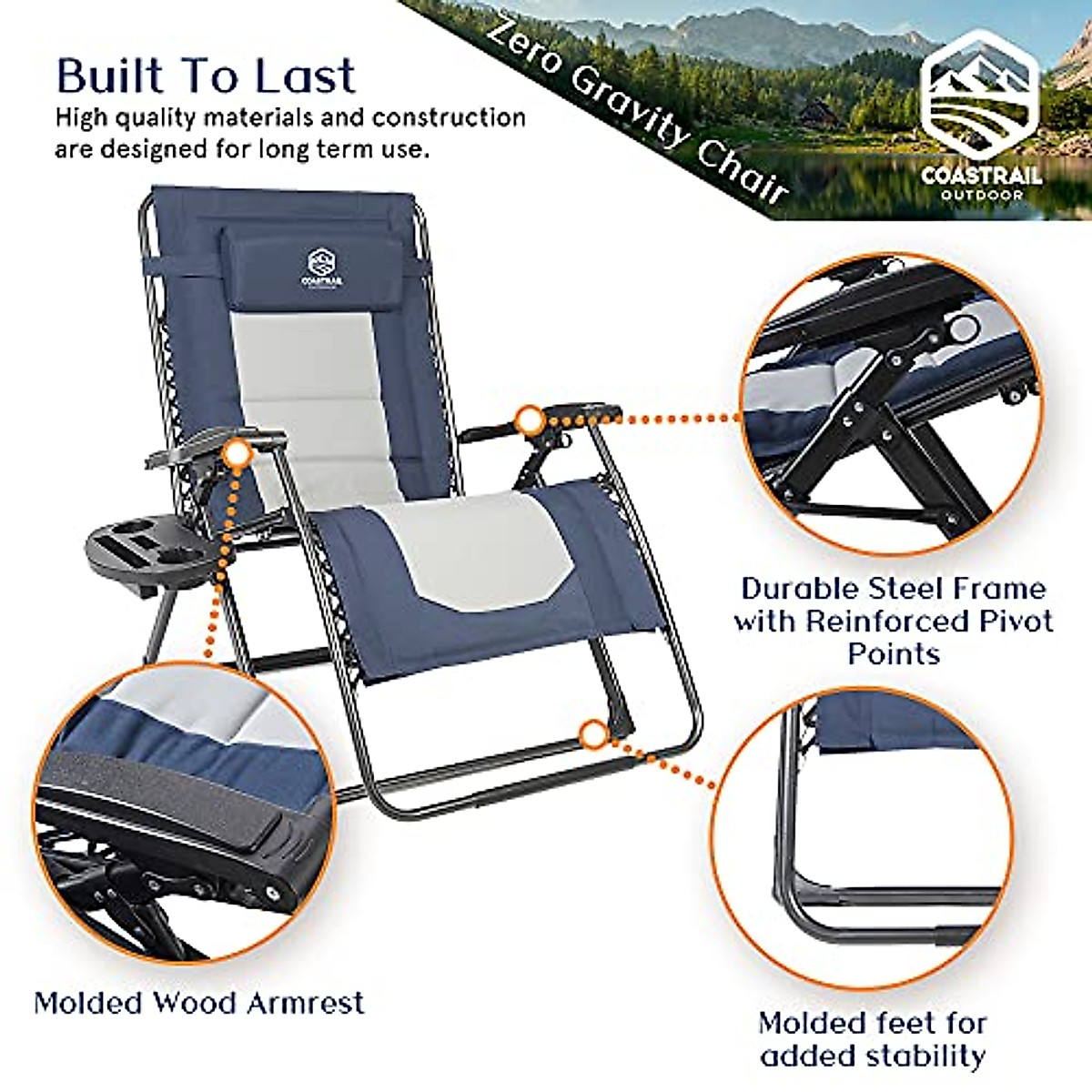 Coastrail Outdoor Zero Gravity Chair Premium Large Armrest Padded Comfort Folding Patio Lounge Adjustable Recliner with Cup Holder & Side Table, 500lb Capacity, Navy/Grey