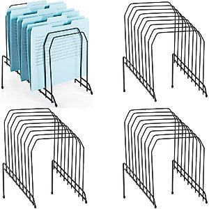 4 Pack Black Metal Vertical Standing Desktop Folder Organizer File Sorter, Office Organization Magazine Mail Letter Binder Divider Filing System Newspaper Record Holder Desk Accessories Display Rack