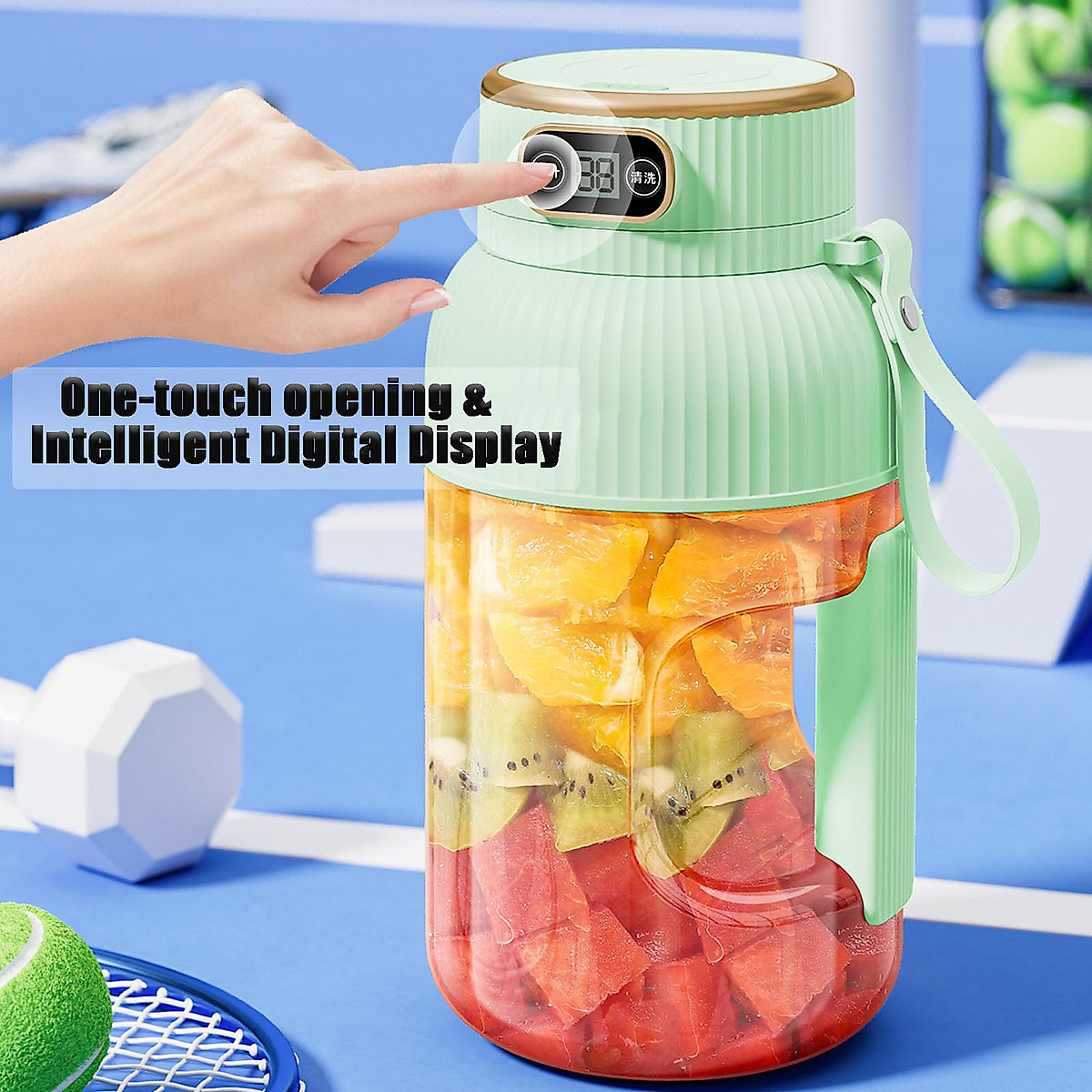 Portable Juicer Blender,2024 New Multifunctional Portable Juicer Cup,Portable Juicer Cup with Digital Display, Small Travel Blender for Shakes and Smoothies(Blue, Single cup single lid)