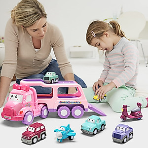 Cartoon Vehicle Toy for Toddler Girl, 9-in-1 Pink Carrier Truck for Baby Girls, Friction Power Transport Car with Light and Sound, Toys for 3 Years Old Little Girl Kid Child Infant Gift Birthday