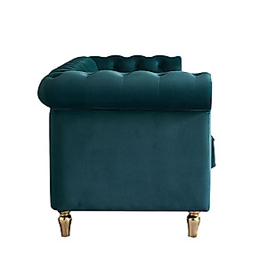 Goohome 84.65" Chesterfield Sofa, 3-Seater Velvet Deep Button Tufted Sofá Upholstered Love Seat Couches with Rolled Arm, Gold Strip Trim, for Bedroom Office Apartment Living Room Furniture, Green