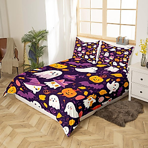 Feelyou Happy Halloween Duvet Cover Halloween Bedding Set for Kids Boys Girls Pumpkin Lantern Comforter Cover Witch Hat Ghost Bedspread Cover Bedroom Collection 3Pcs Full Size