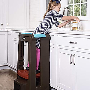 Simplay3 Toddler Tower Childrens Step Stool with Three Adjustable Heights, Kids Kitchen Helper, Made in USA, Espresso Brown