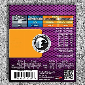 Elixir Strings 80/20 Bronze Acoustic Guitar Strings w NANOWEB Coating, Custom Light (.011-.052)