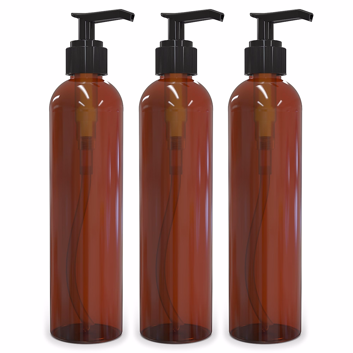 BRIGHTFROM Lotion Pump Bottles, Empty 8 OZ, BPA-Free Refillable Plastic Containers, Amber with Black Dispenser for - Soap, Shampoo, Lotions, Liquid Body Soap, Creams and Massage Oil (3 PACK)