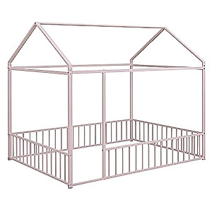 HBRR Full Size Montessori House Bed for Kids, Metal Floor Beds with Fence Railings & Roof, Full Playhouse Bed for Boys Girls, Box Spring Needed, Pink