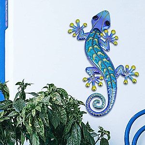 HONGLAND Metal Gecko Wall Decor Outdoor Indoor Lizard Art Sculpture Glass Decorations for Home (Blue&Purple)