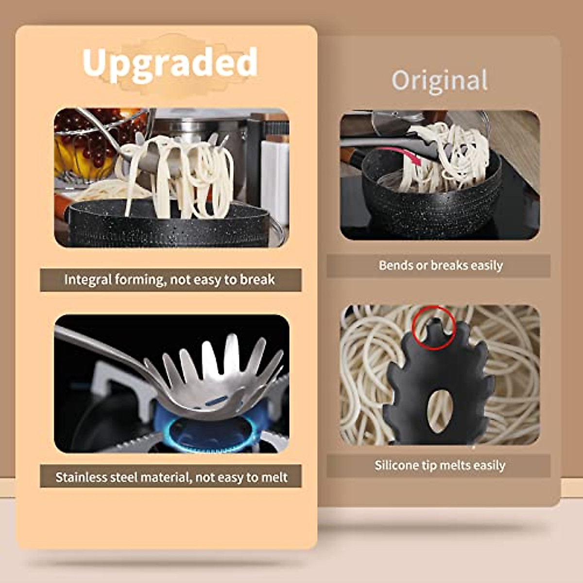 Spaghetti Server, [Rustproof, Integral Forming, Durable] Newness 304 Stainless Steel Pasta Fork with Vacuum Ergonomic Handle, Comfortable Grip Design Spaghetti Server for Kitchen, 14.33 Inches