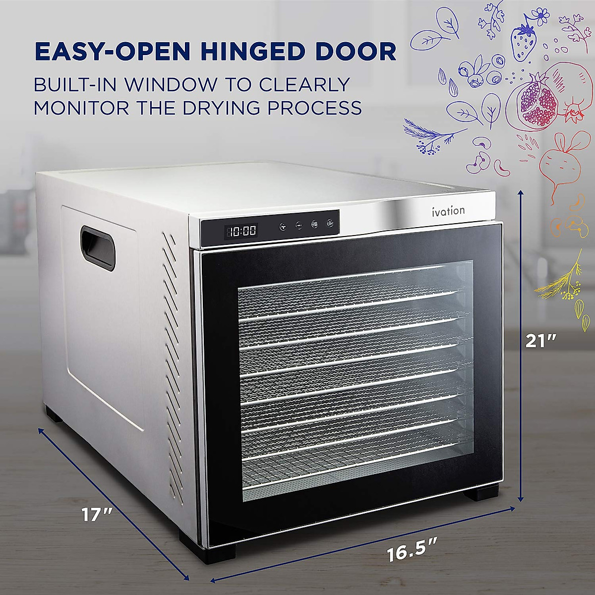 Ivation 6 Tray Commercial Food Dehydrator Machine |600w, Easy Setup, Digital Adjustable Timer and Temperature Control | Dryer for Jerky, Herb, Meat, Beef, Fruit and To Dry Vegetables | Stainless Steel