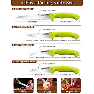 Cook N Home Paring Knife Set 4-Piece, High Carbon German Stainless Steel Kitchen Knives, Includes-Utility, Paring, Vegetable, Peeling Knife, Ergonomic Handle, Green