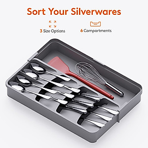 Lifewit Silverware Organizer, Compact Utensil Organizer for Kitchen Drawer, Expandable Flatware and Cutlery Tray, Adjustable Plastic Spoons Forks Knives Storage Holder Organization, Gray