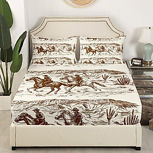 Erosebridal Western Bed Sheets Queen Size Cowboy Sheet Set American Wild West Desert Hand Drawn Illustration Fitted Sheet Country Theme Bedroom Decor Bedding Set for Boys Men Teens