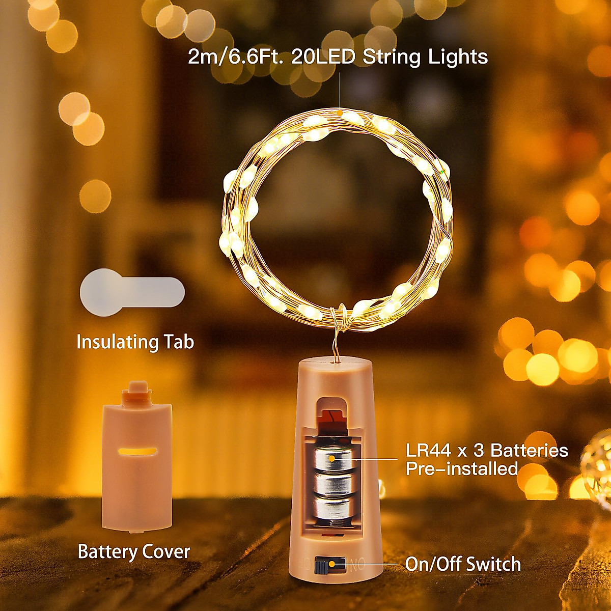 Brightown Wine Bottle Lights with Cork, 10 Pack 20 LED Waterproof Battery Operated Cork Lights, Silver Wire Mini Fairy Lights for Liquor Bottles DIY Party Bar Christmas Wedding Décor