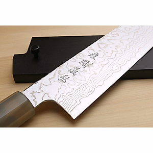 Yoshihiro Hayate ZDP189 Suminagashi Super High Carbon Stainless Steel Kiritsuke Knife Octagonal Ebony Wood Handle with Triple Ring (8.25" (210mm))