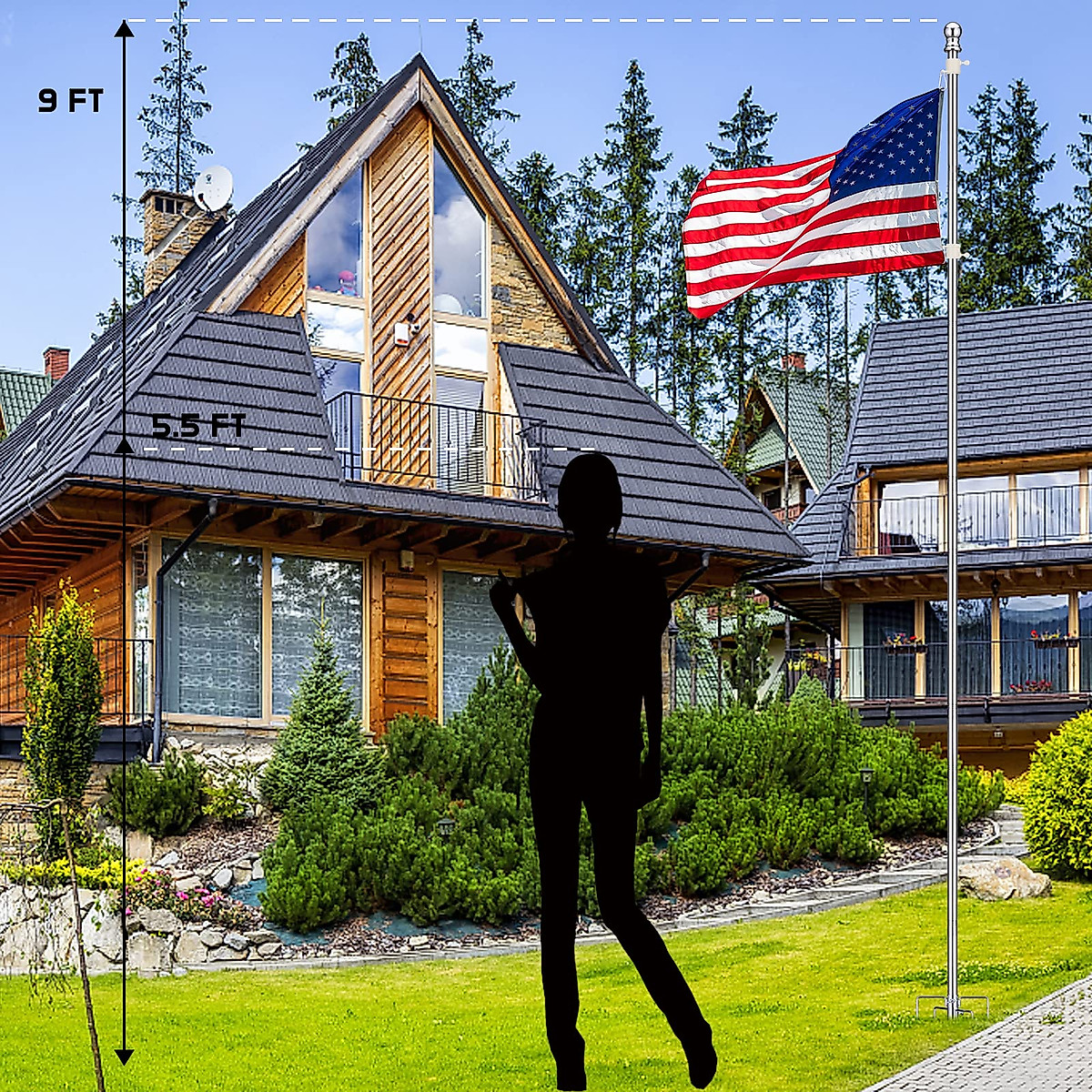 Ground Flag Poles for Outside House - 1" Tangle Free Flag Pole for House with 5 Prong - 9ft Yard Flag Stand for Outdoor,Wind Resistant & Rustproof - Silver