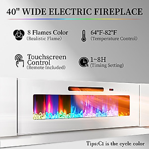 AMERLIFE Fireplace TV Stand with 40" Fireplace, 80" Modern High Gloss Fireplace Entertainment Center LED Lights, 2 Tier TV Console Cabinet for TVs Up to 90", White & White