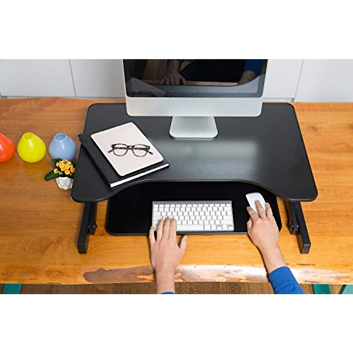 Rocelco 32" Height Adjustable Standing Desk Converter - Quick Sit Stand Up Dual Monitor Riser - Gas Spring Assist Tabletop Computer Workstation - Large Retractable Keyboard Tray - Black (R ADRB)