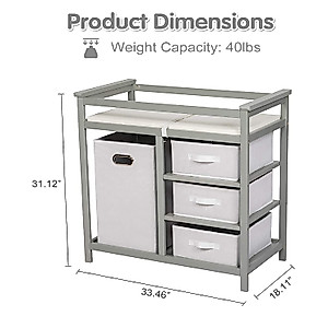 Baby Changing Table - Changing Station with Laundry Hamper, 3 Storage Baskets, and Pad, Multi Storage Nursery Changing Table for Infants or Babies (Light Grey)