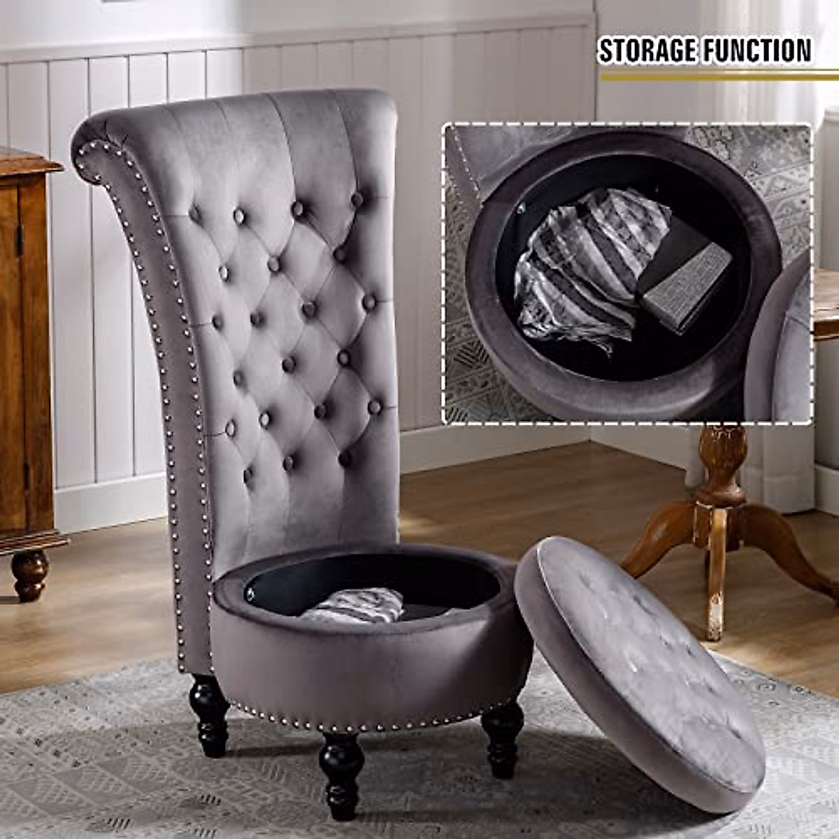 Icoget Gothic Queen of Throne Chair, Velvet High Back Chair w/Nailhead Trim, Button-Tufted Upholstered Royal Retro Accent Chair w/Rubberwood Legs and Storage Space for Living Room, Grey