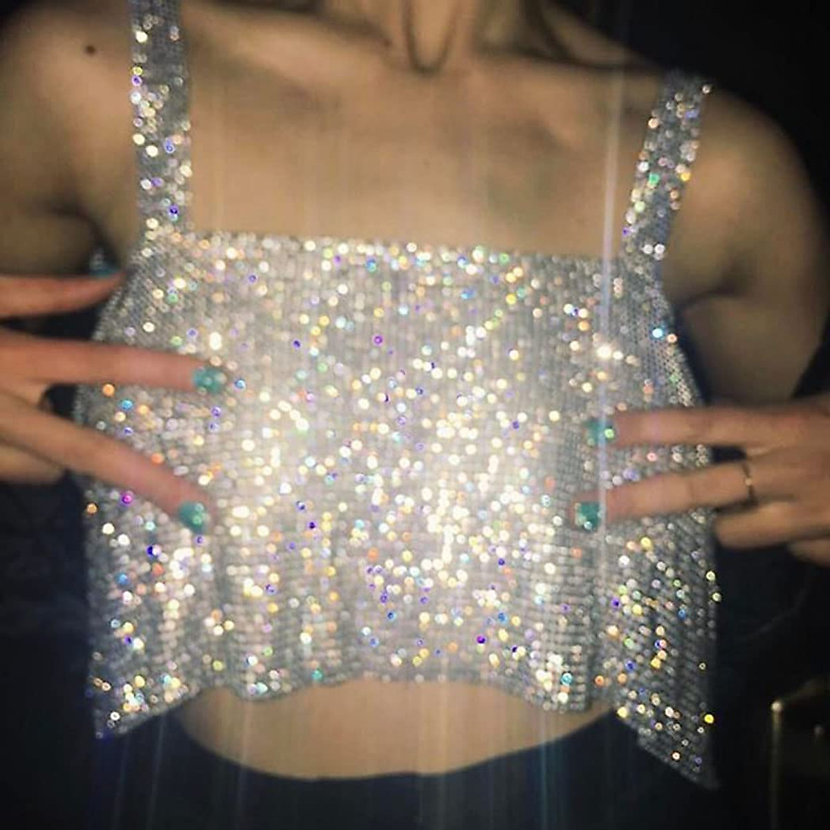 Uranian Rhinestone Tank Top Sexy Nightclub Body Chain Sparkle Crystal Harness Club Party Adjustable Body Jewelry for Women and Girls (Silver)