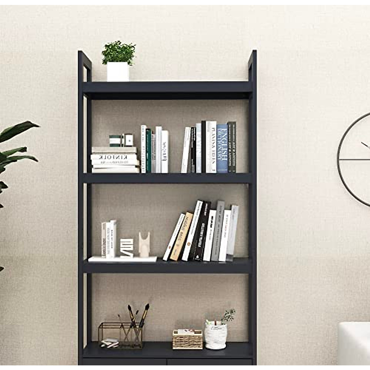 4 Tier Modern Bookshelf with Cabinet, Tall Bookcase with Woven Cane Doors, Freestanding Wood and Metal Display Shelf Unit for Living Room, Bedroom, Office (31.5" W x 11.8" D x 70.8" H, Black)