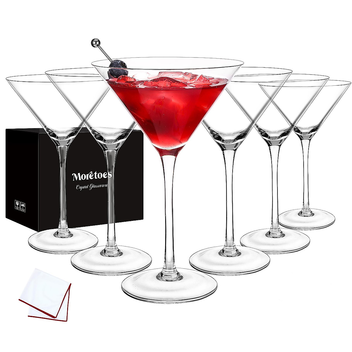 Moretoes Martini Glasses Set of 6, 9oz Hand Made Crystal Cocktail Glasses For Bar, Margarita, Gimlet, Cosmopolitan, Manhattan