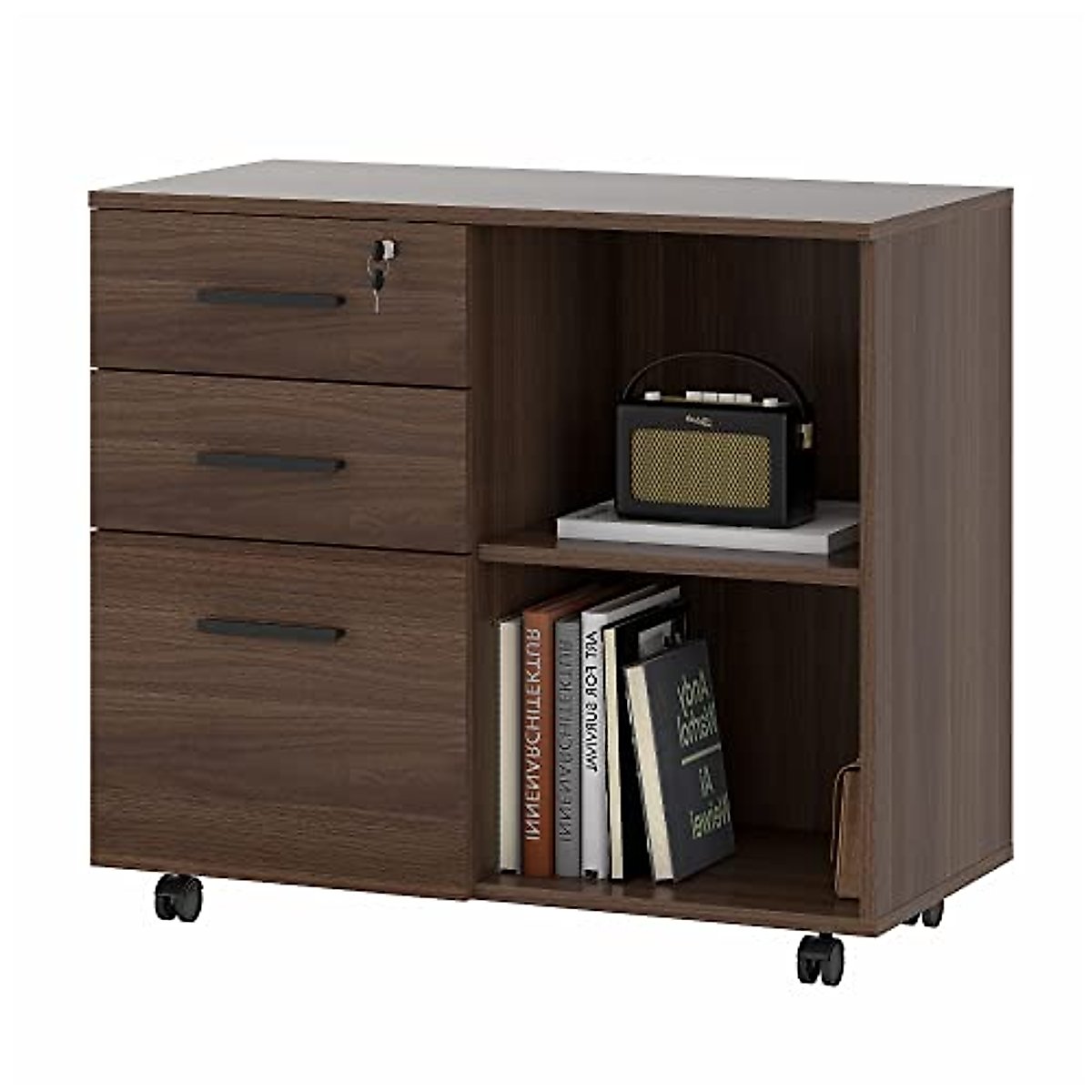 WAHEY File Cabinet, 3 Drawer Mobile Lateral Filing Cabinet with Open Storage Shelf, OLFC001