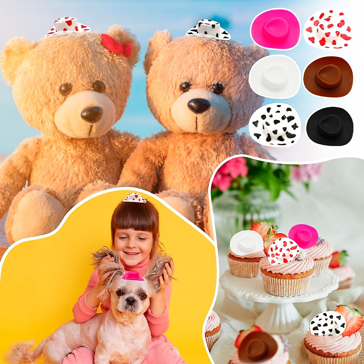 Gaprumi 50 Pcs Mini Plastic Cowboy Hat Western Style Tiny Cowboy Hat for DIY Crafts Bottle Decoration Party Supplies (Pink,White,Black,Brown,Cow)