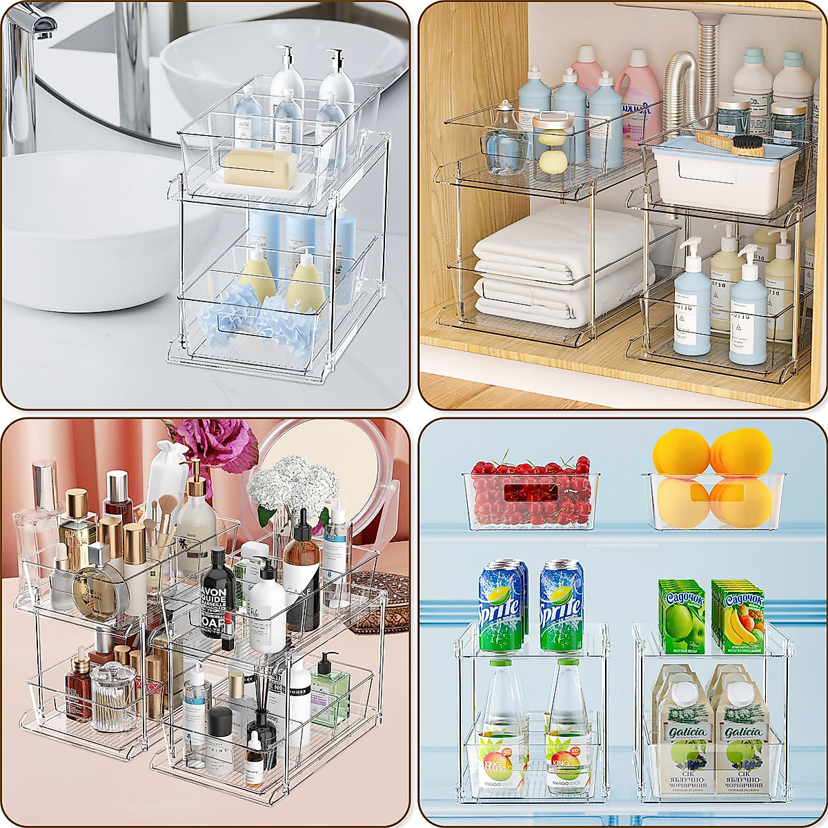 FabSpace Pull-out Home Organizers, 2 Tier Clear Bathroom Organizer with Dividers, Multipurpose Vanity Counter Tray, Kitchen, Closet Organizers and Storage Container Bins for Cabinet, Pantry
