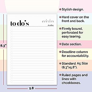To Do List Notepad A5 Size (8.3"X5.8") Daily To Do List Planner, Productivity Planner, Stylish Design, Quality Thick Paper, Hardcover, Undated, Ruled Pages, Checkboxes, Deadline Column, Date Section.