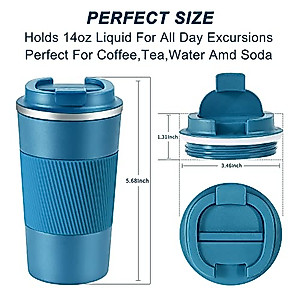 Coffee Travel Mug, 14OZ Double Walled Insulated Vacuum Coffee Tumbler With Leakproof Flip Insulated Coffee Mug, For Hot And Cold Water Coffee And Tea In Travel Car Office School Camping (Blue, 14OZ)