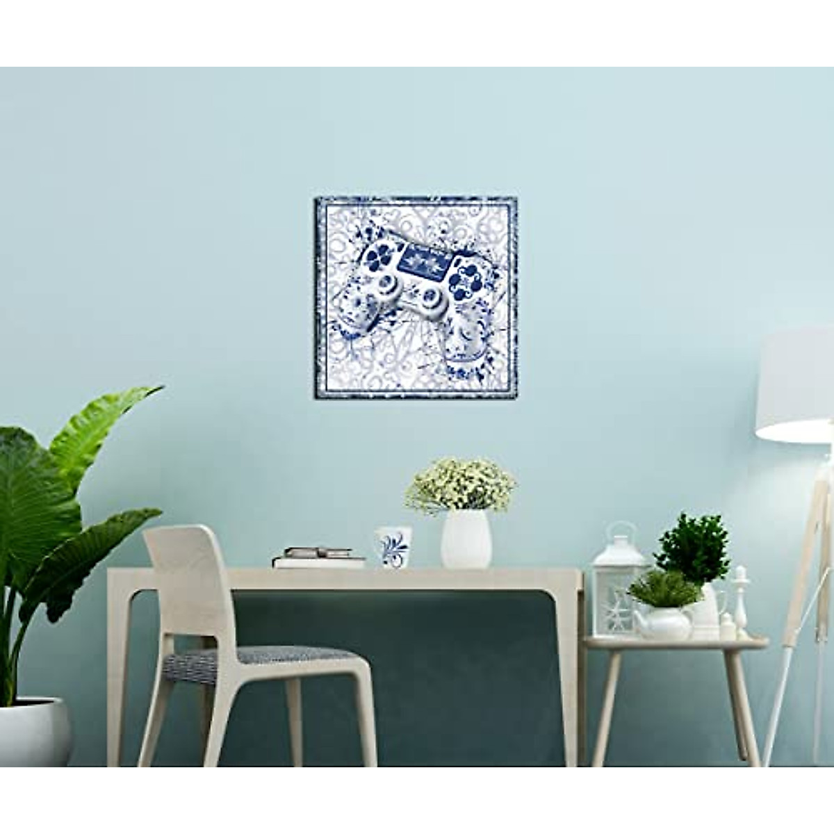 ZHAOSHOP Gaming Decor for Boys Room - Blue and White Canvas Wall Art for Bedroom - Gamer Wall Decor Ready to Hang 14" x 14"