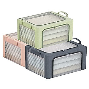 AARAINBOW Closet Clothes Organizer 3 Pcs, Stackable Storage Bins Steel Frame Storage Boxes with Lids Foldable Storage Container with Clear Window & Reinforced Handles, 24L (Gray green pink)