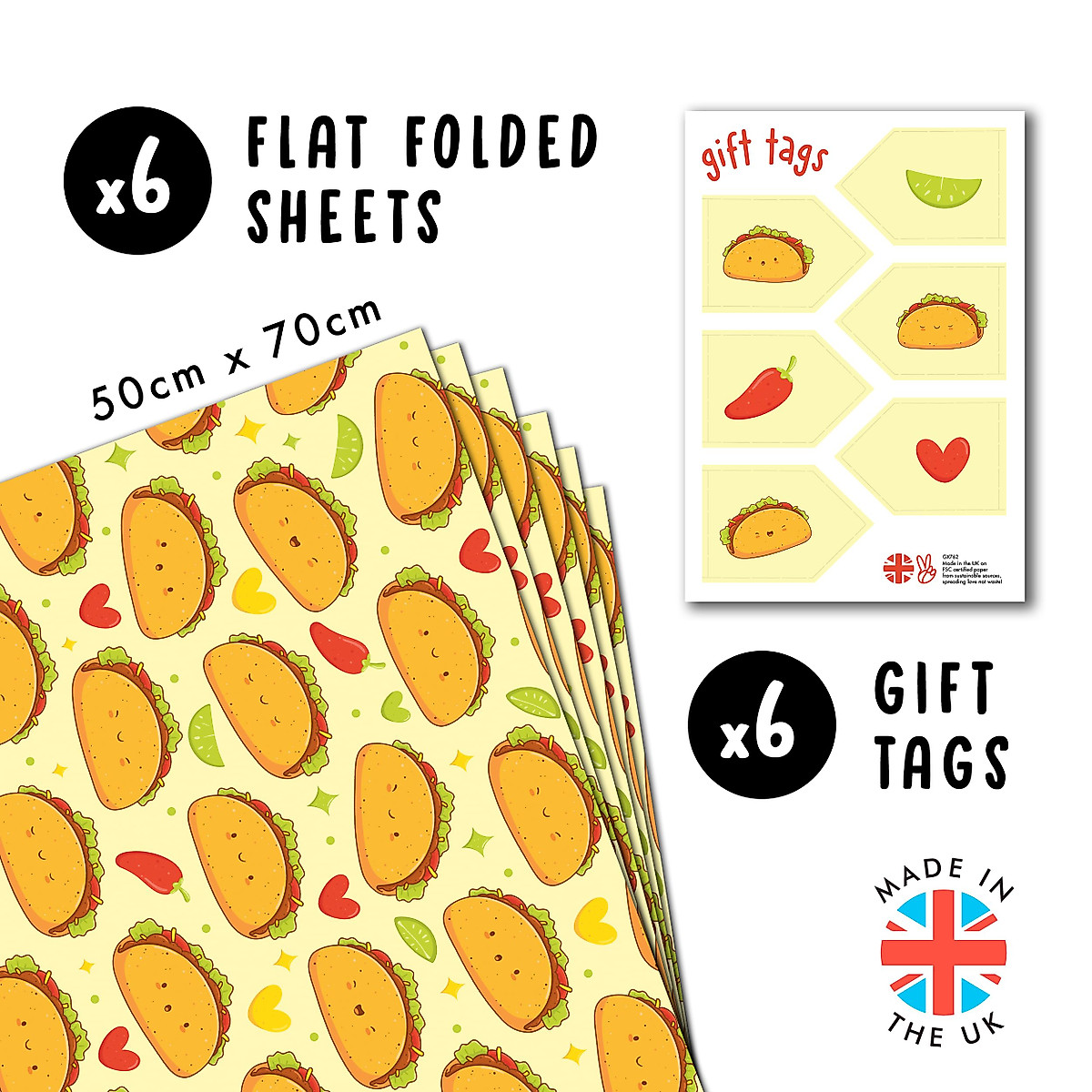 CENTRAL 23 Yellow Wrapping Paper - 6 Sheets of Birthday Gift Wrap - Cute Taco - Mexican Food Themed - For Women Girls Teenagers - Recyclable