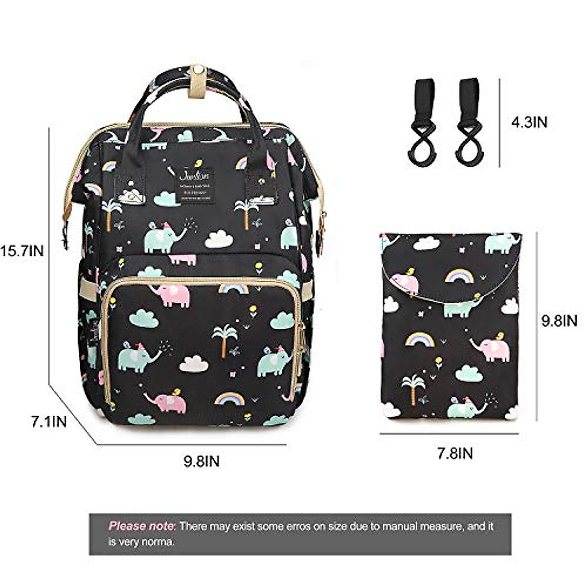 Junlion Diaper Bag, Waterproof Diaper Backpack Baby Nappy Bags with Hooks + Independent Dirty Diaper Pouch Elephant