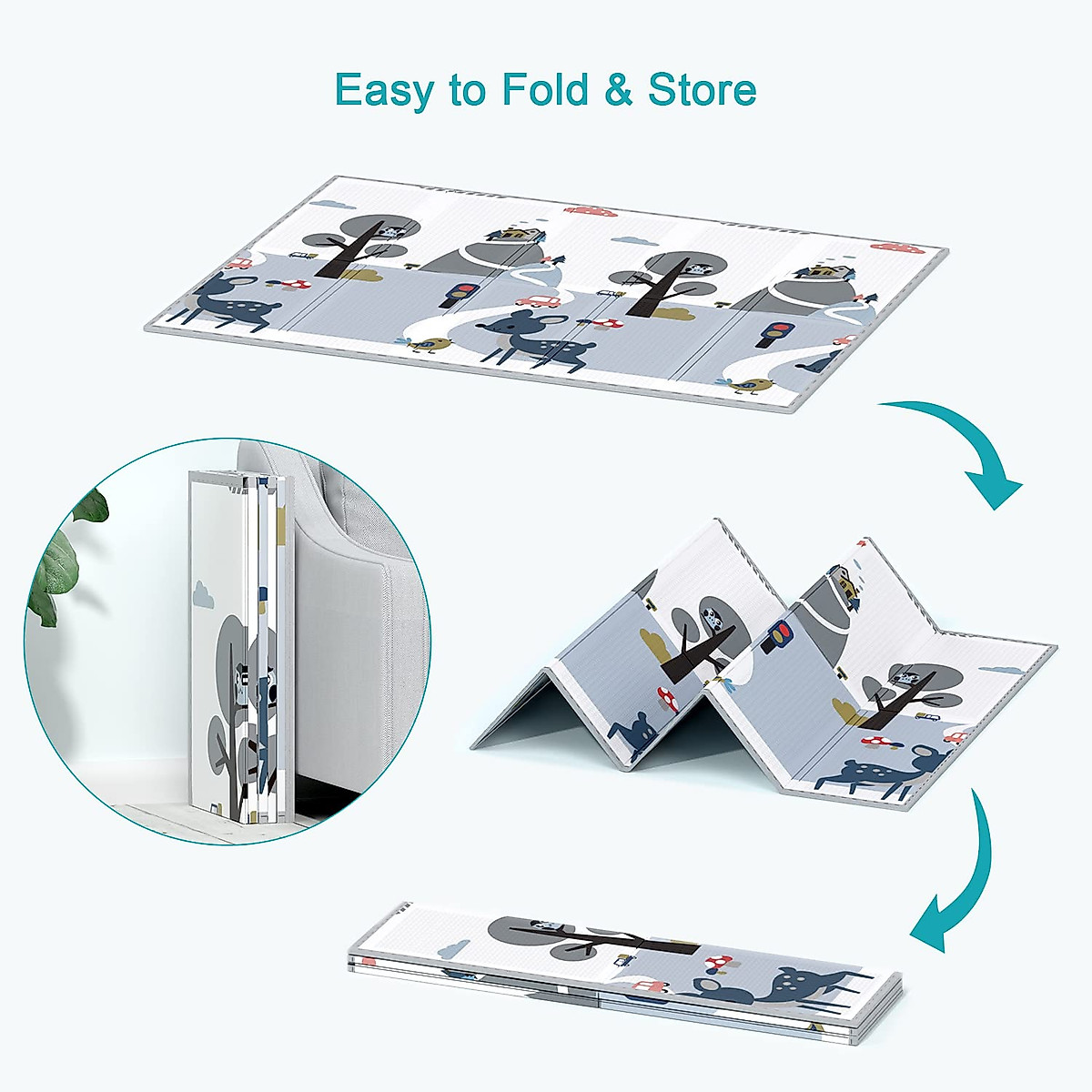 YOOVEE Foldable Baby Play Mat for Crawling, Extra Large Play Mat for Baby, Waterproof Non Toxic Anti-Slip Reversible Foam Playmat for Baby Toddlers Kids, 79" x 71" x 0.4"