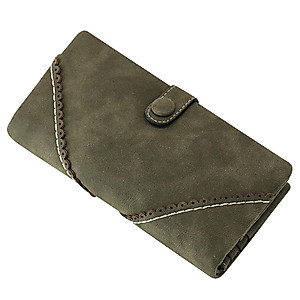 Women Vegan Leather Wallet Bifold Clutch Large Capacity Card Organizer Buckle Long Purse for Girls Candy Color (Dark-Green)