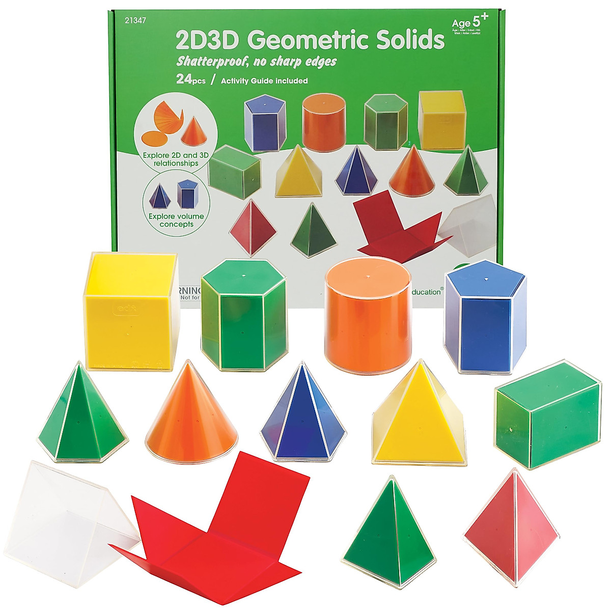 edxeducation 2D3D Geometric Solids - Set of 12 Multicolored Shapes - Includes 2D Nets and Activity Guide - Early Math Manipulative and Geometry for Kids