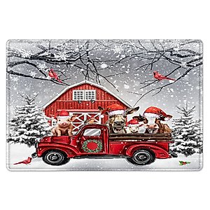 LB Rustic Christmas Bath Mat Pig Donkey Cow on Red Farmhouse Truck Area Rug for Bathroom White Snow Grey Winter Doormat Non Slip Memory Foam Super Absorbent Floor Mats,24Wx16H Inch
