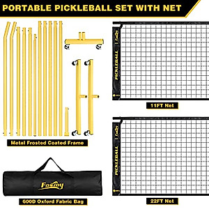 Fostoy Portable Pickleball Net with Wheels, Regulation Size 22 FT & Half Court 11 FT, 18-Ply PE Nets, Steady Metal Frame for All-Weather Resistant Play in Backyards, Driveways, and Garages