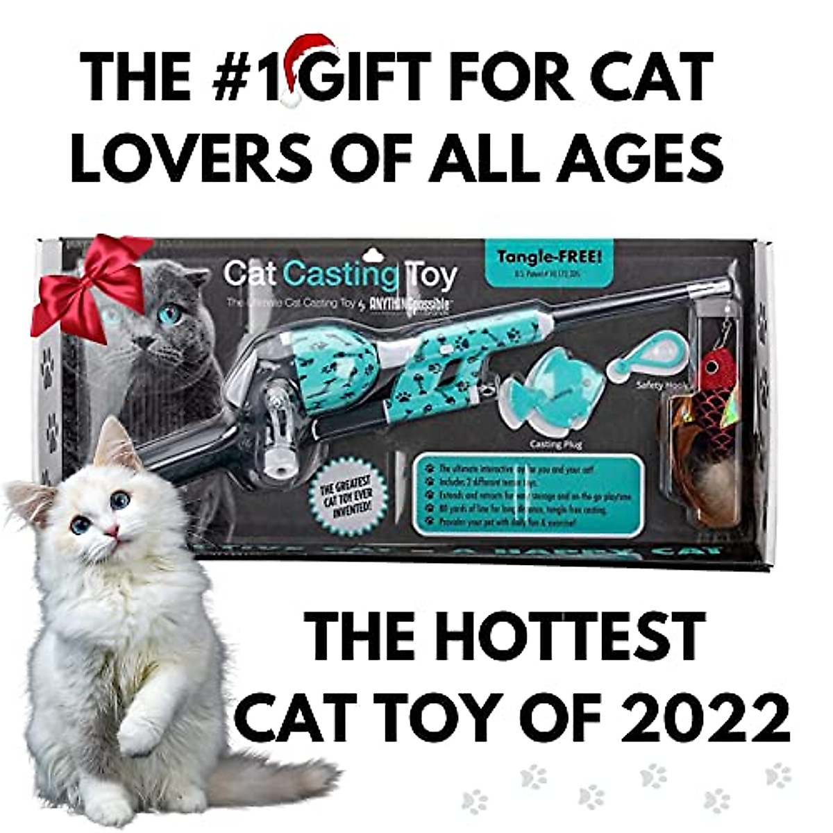 Cat Caster Fishing Pole Toy | Tangle Free, Retractable & Easy to Store. Includes Two Interchangeable Teaser Toys | The Ultimate Gift for Kitty Lovers, Fish Bone