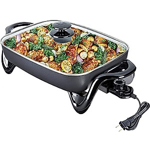 16-Inch Large Electric Skillet Nonstick with Glass Lid, Serves 6 to 8 People (10-Quart), Frying Pan for Roast, Bake,Stew, Adjustable Temperature Control, Black