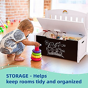TOOKYLAND Toy Chest with Safety Hinged Lid, Wooden Toy Organizers and Storage with Blackboard, Seating Bench, Personalized Stickers