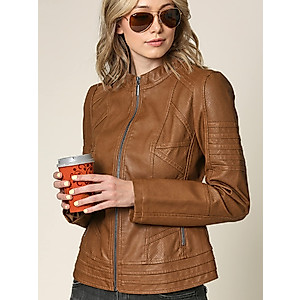 Lock and Love LL WJC746A Womens Vegan Leather Motorcycle Jacket XXL Camel