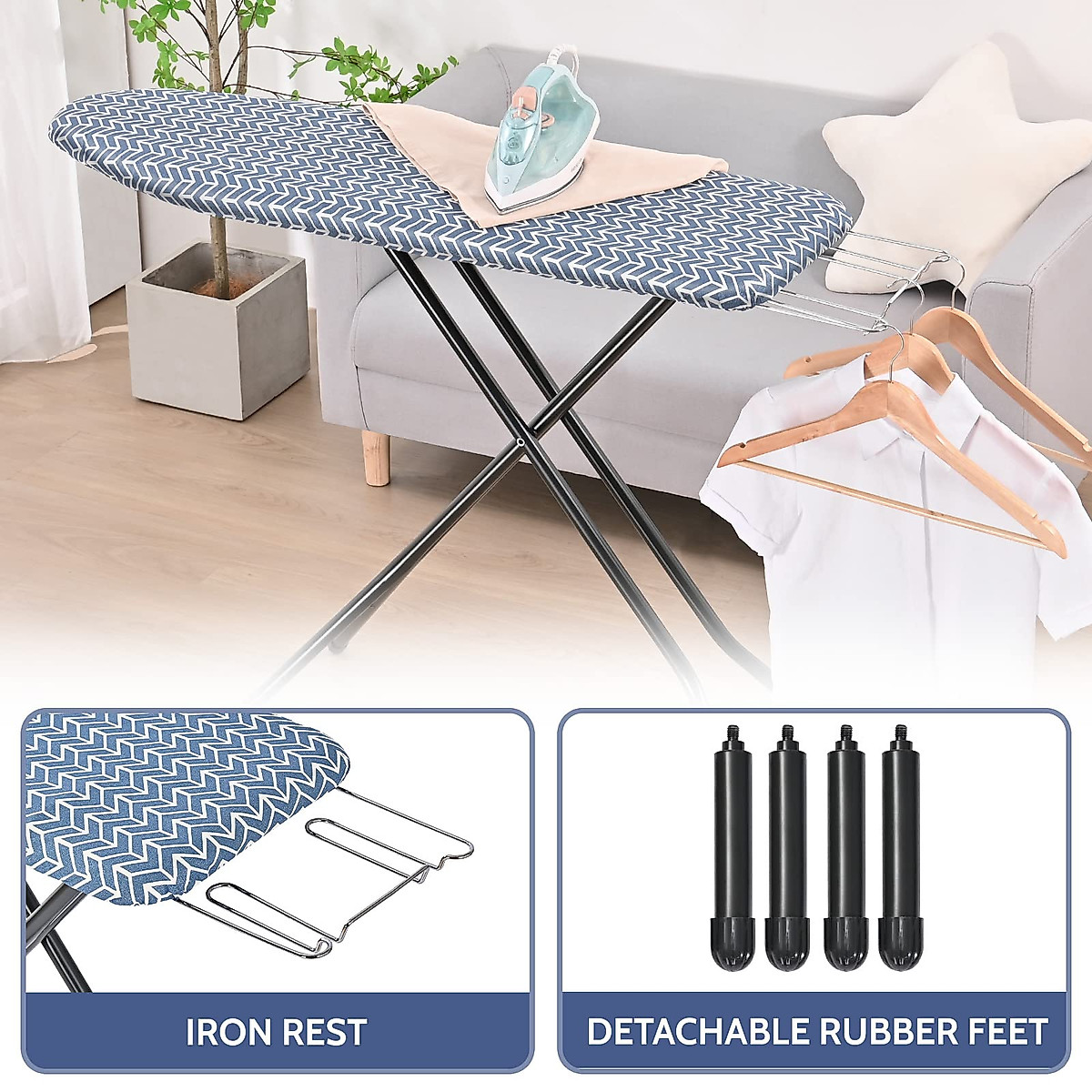 APEXCHASER Ironing Board, Full Size Iron Board with Iron Rest, lightweight Ironing Board with Height Adjustable, Extra Thick Heat-Resistant Cover with Padding, Heavy-Duty Sturdy Metal Legs, 49x13 Blue